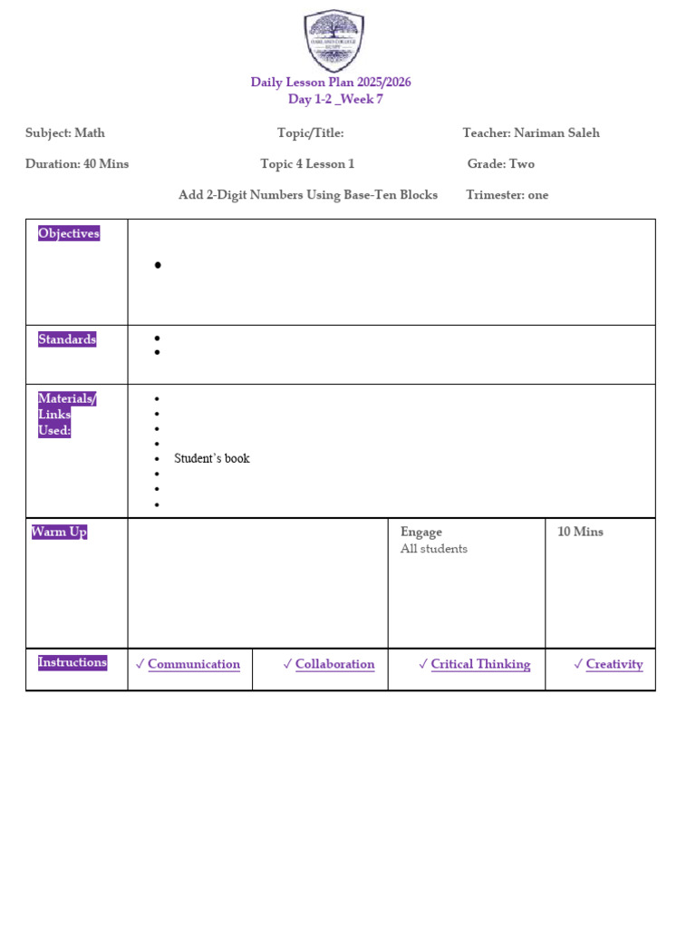 Math Grade 2 - Tri 1 - L.P W7 | PDF | Lesson Plan | Creativity