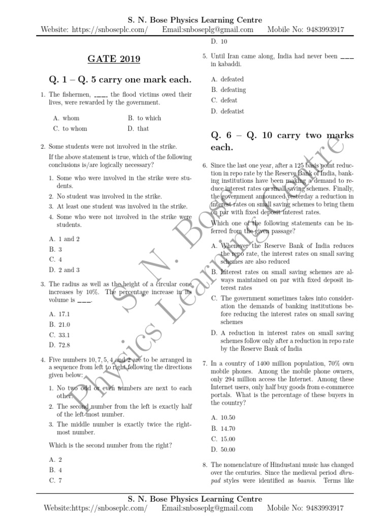 GATE Physics 2019 Question Paper With Answer Key | PDF | Spin (Physics ...
