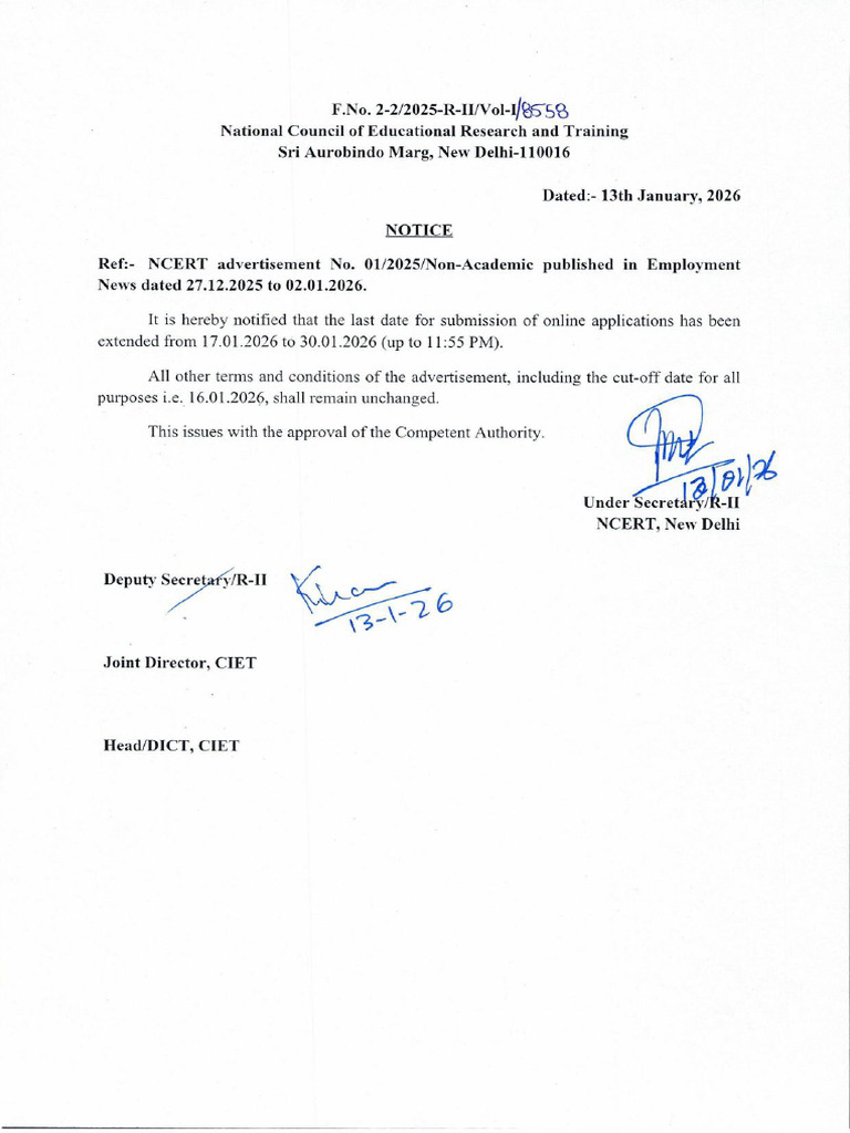 NCERT Non Teaching Last Date Extended Notice | PDF
