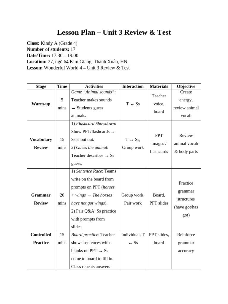 Lesson Plan - KINDY A - Wonderful World 4 - Unit 3 - Review and Test ...