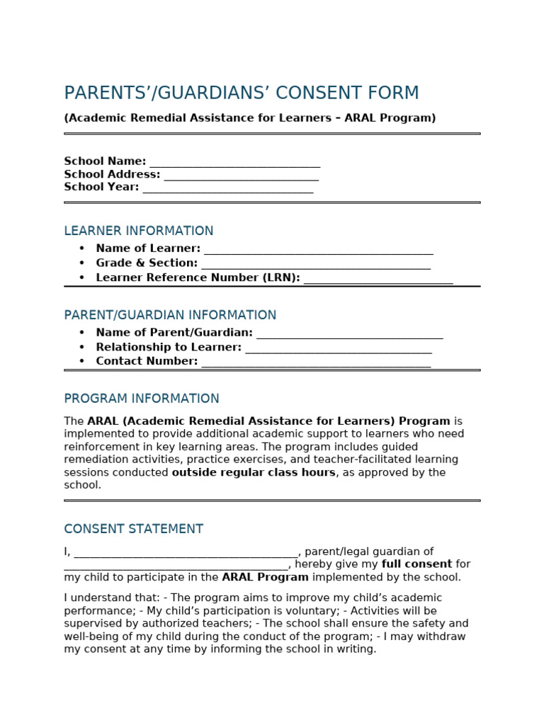 Parents Consent Form Aral Program | PDF