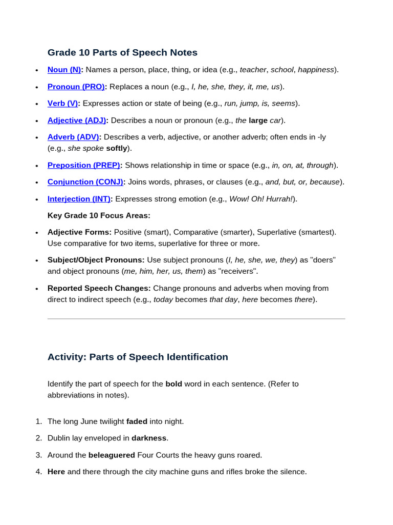 Grade 10 Parts of Speech Notes | PDF | Part Of Speech | Adverb