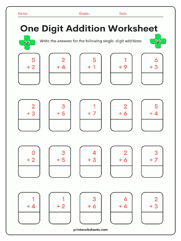 Single Addition Facts Worksheets | PDF