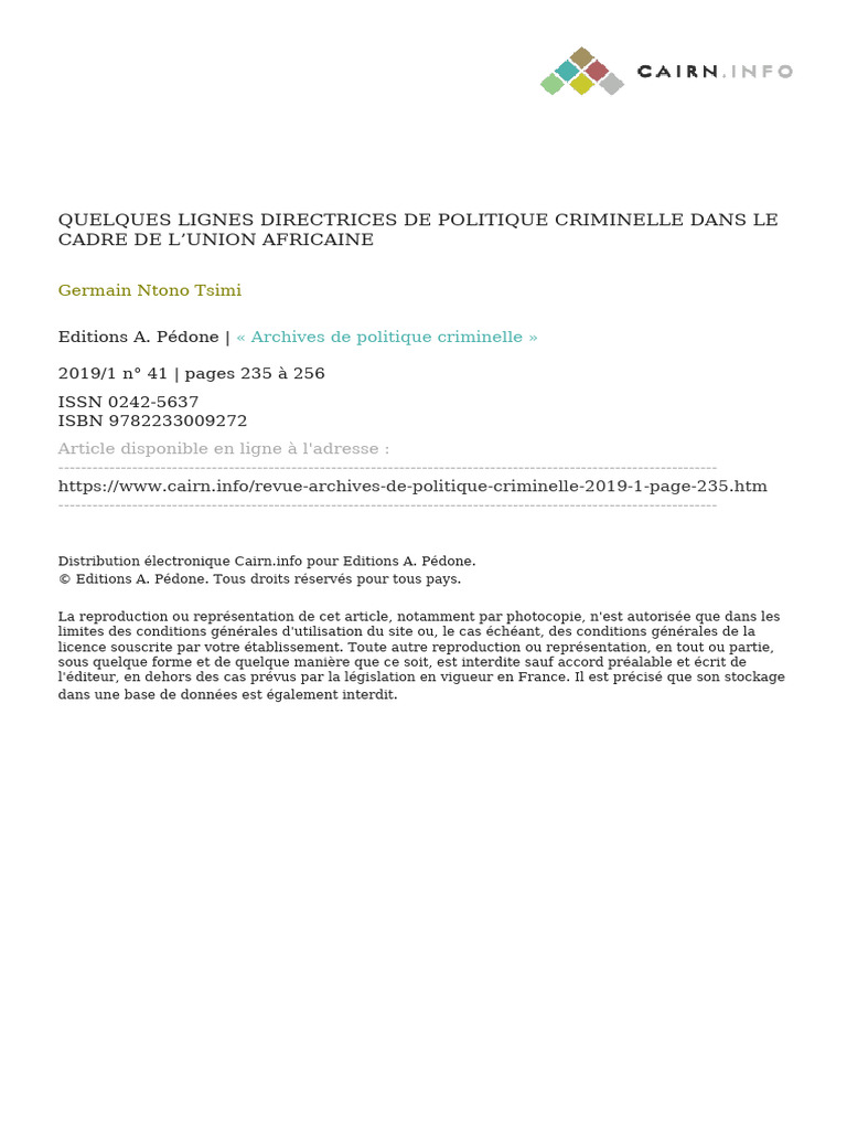 G. Ntono Tsimi, Quelques Lignes Directrices de Politique Criminelle ...