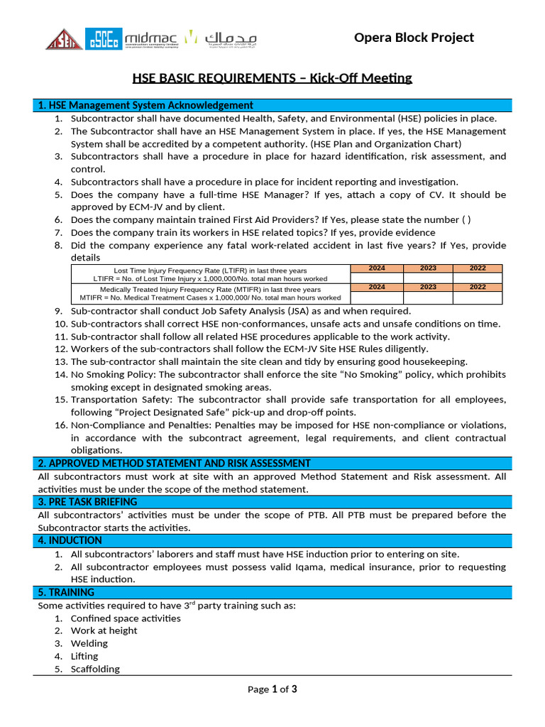 Subcontractor Kick Off Meeting Checklist DEC 2025 | PDF | Safety ...