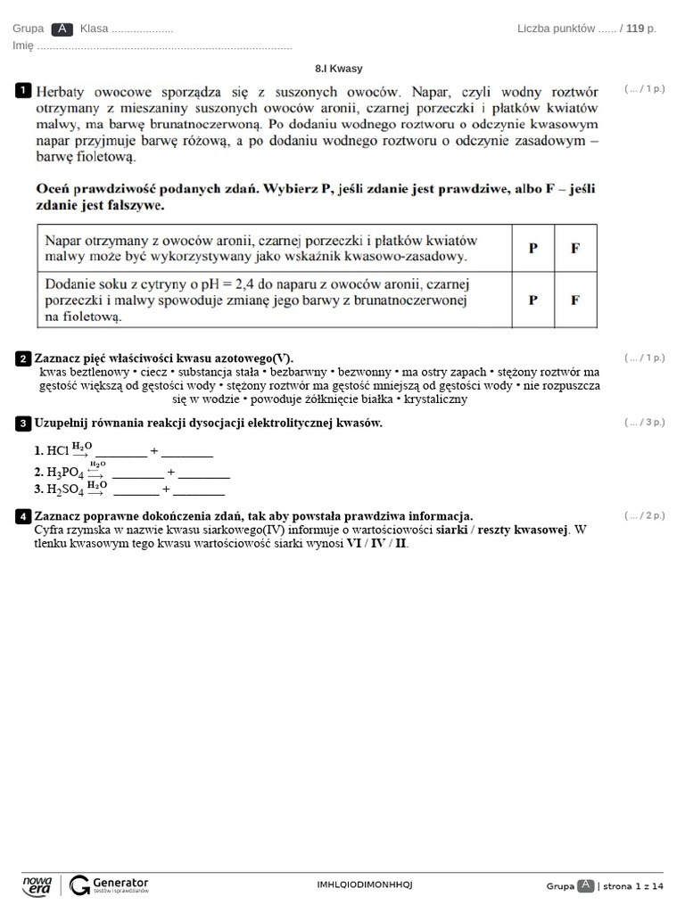 8.I Kwasy Test (z widoczną punktacją) | PDF