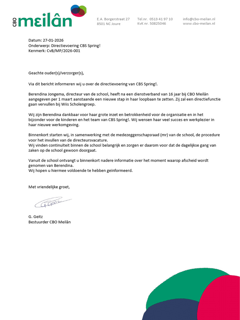 2026-001 Brief Directievoering CBS Spring! | PDF