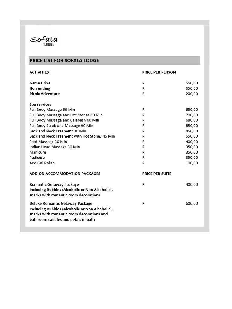 Sofala Activities Price List 20230712 | PDF
