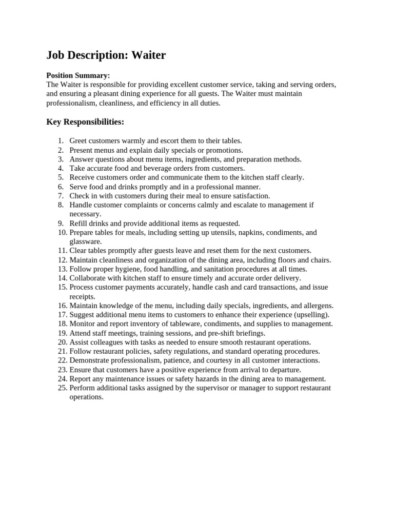 Job Description Waiter | PDF