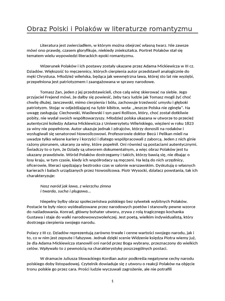 Obraz Polski i Polaków w Literaturze Romantyzmu | PDF