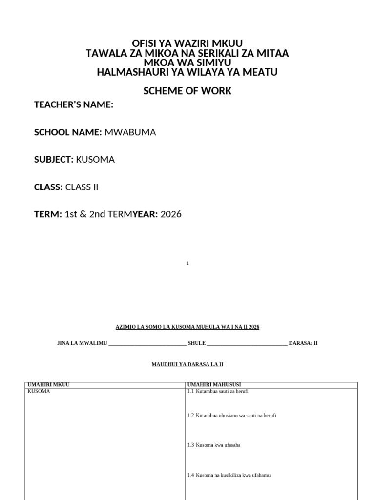 Scheme of Work 2026 Class II Kusoma | PDF