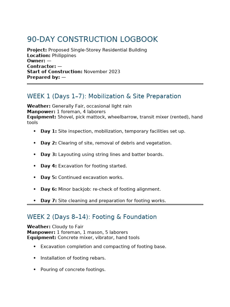 90-Day Construction Logbook - Single-Storey Residential Building | PDF ...