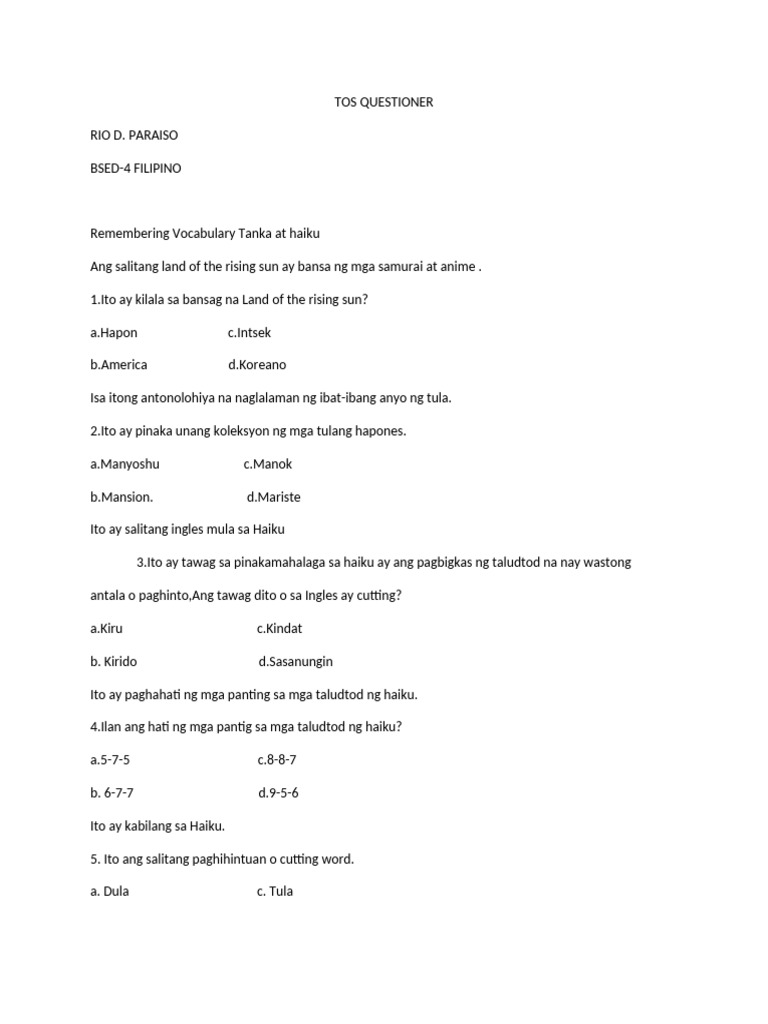 Tos Questioner New | PDF