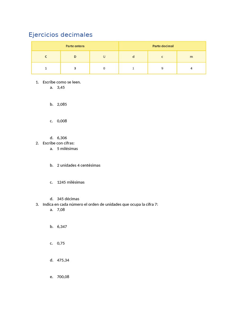 Ejercicios Decimales | PDF