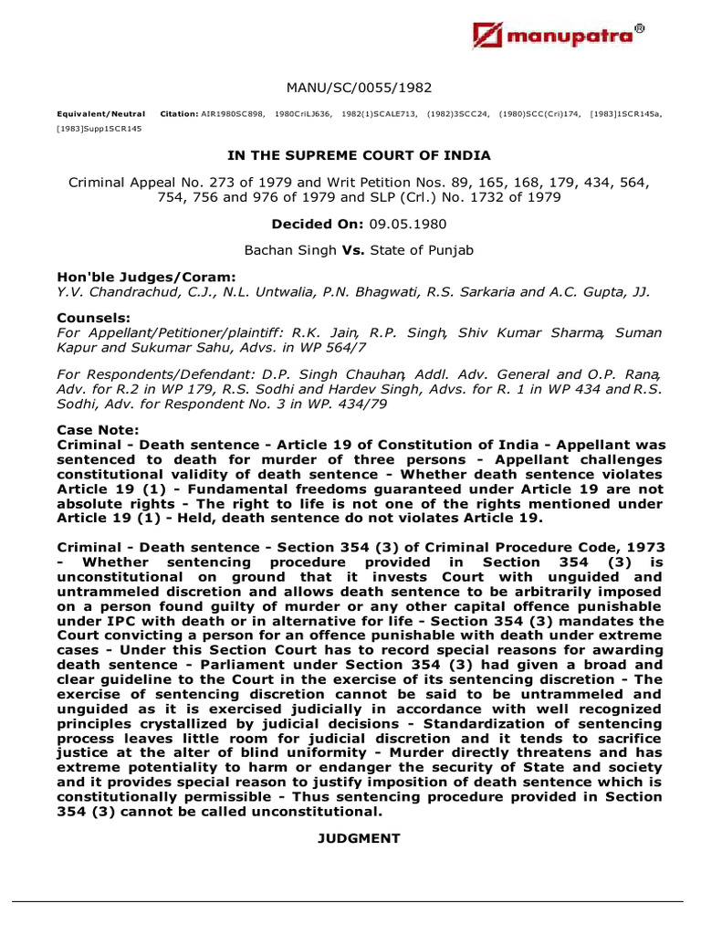 Bachan Singh Vs State of Punjab 09051980 SC | PDF | Crimes | Crime ...