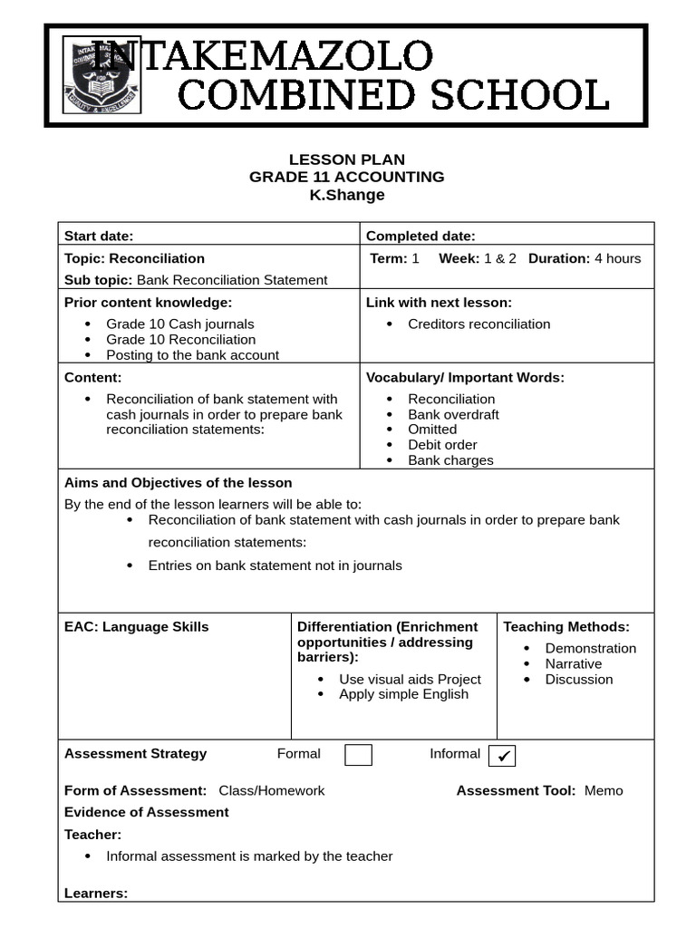 Lesson 1 Bank Reconcilition Statement | PDF | Teachers | Overdraft