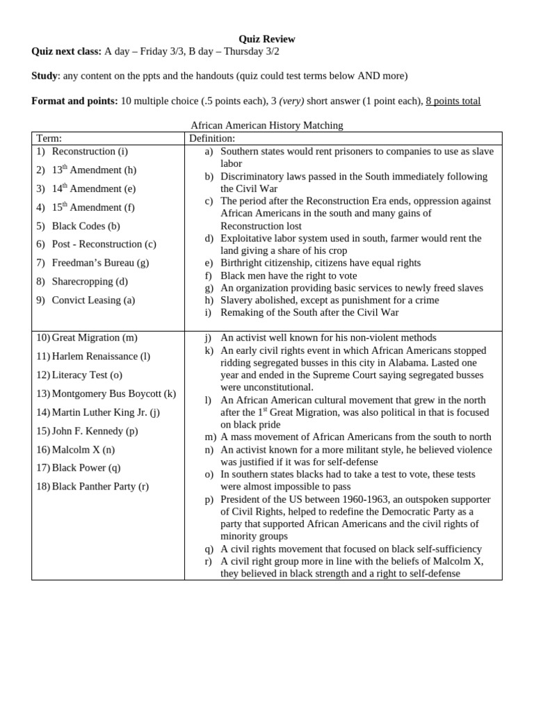 African+American+Unit+Matching+ +Quiz+Prep | PDF | Fourteenth Amendment ...