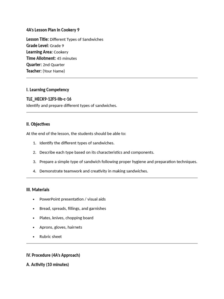 Lesson Plan Cookery 9 Sandwiches | PDF | Sandwich | Grilling