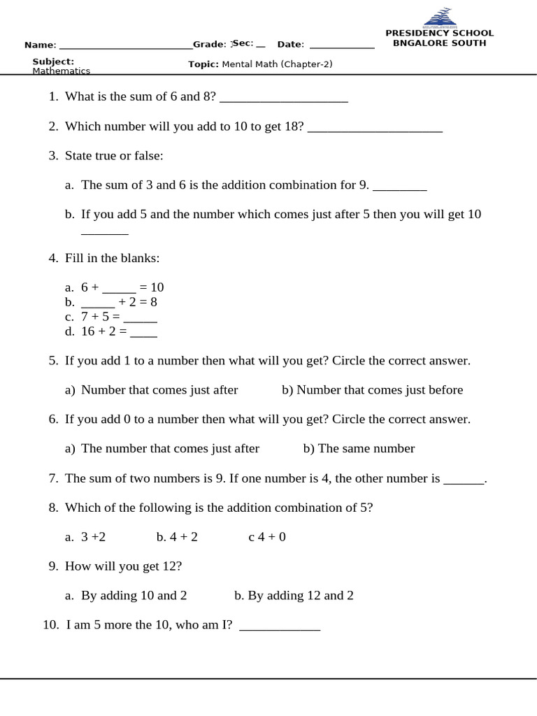 Chapter 2 Mental Math Worksheet 2 | PDF