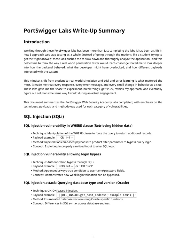 PortSwigger Labs Write-Up Summary | PDF | Computing | Software Engineering