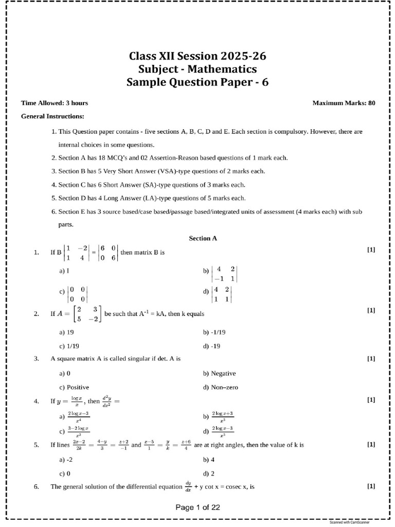 Class 12 Maths Sample Paper 6 | PDF