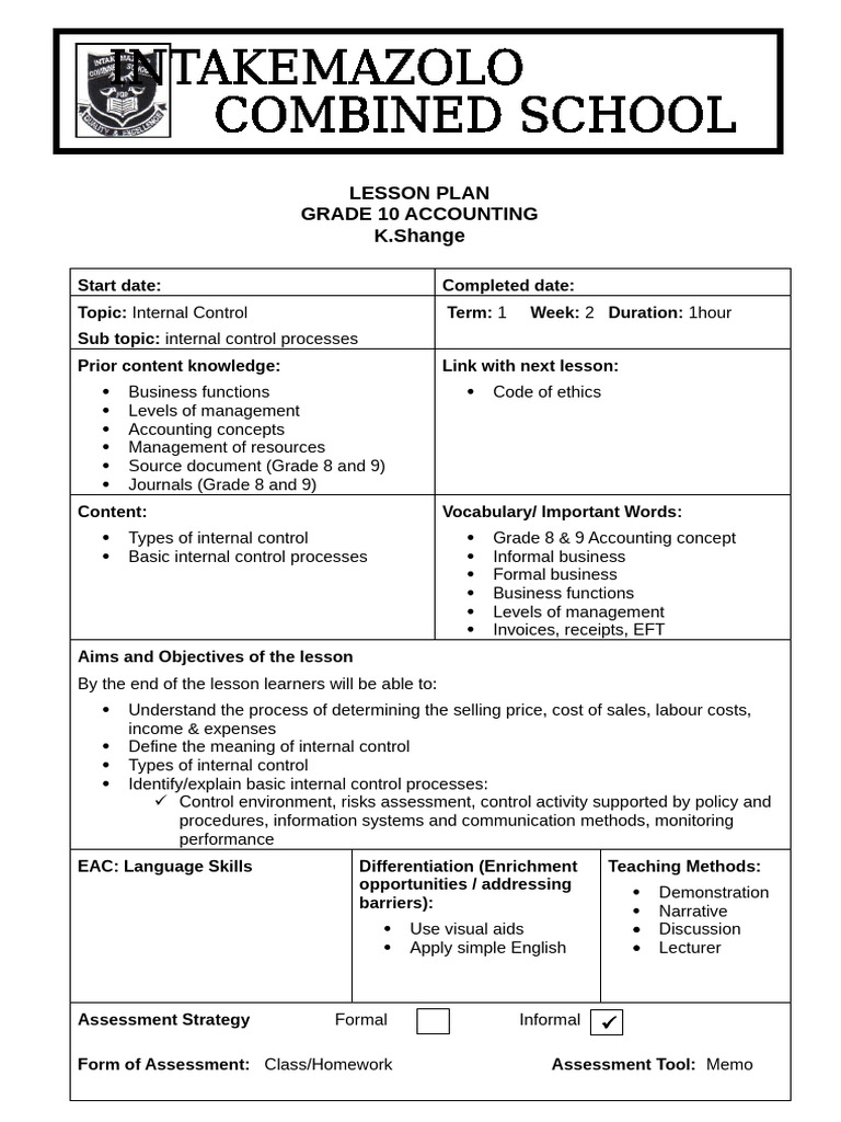 Lesson 5 On Internal Control | PDF | Teachers | Teaching Method