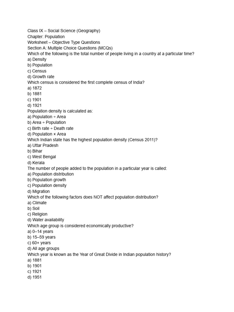 Population Worksheet Grade-9 | PDF