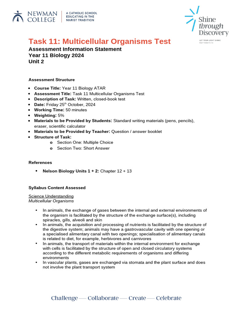 Task 11 - Multicellular Organisms - Assessment Information Statement | PDF