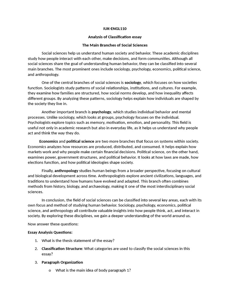 Classification Essay Analysis-Branches of Social Science | PDF | Social ...