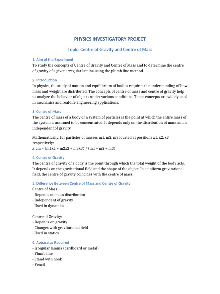 Centre of Gravity and Centre of Mass Physics Project | PDF | Center Of ...