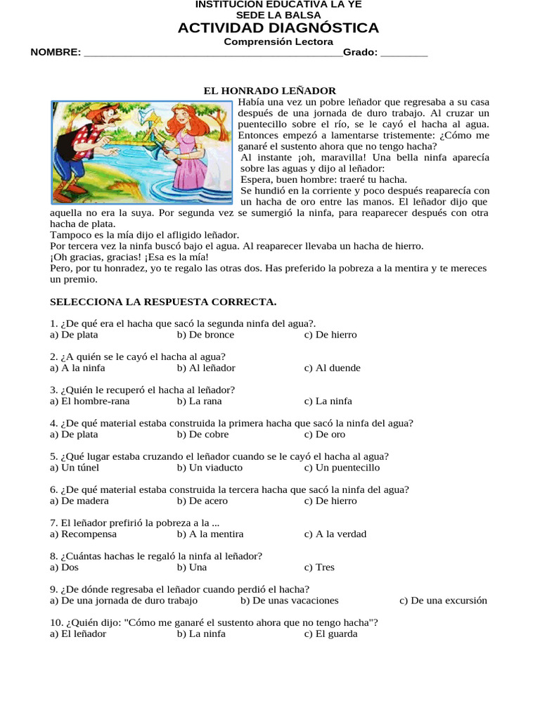 Comprensión Lectora El Honrado Leñador | PDF