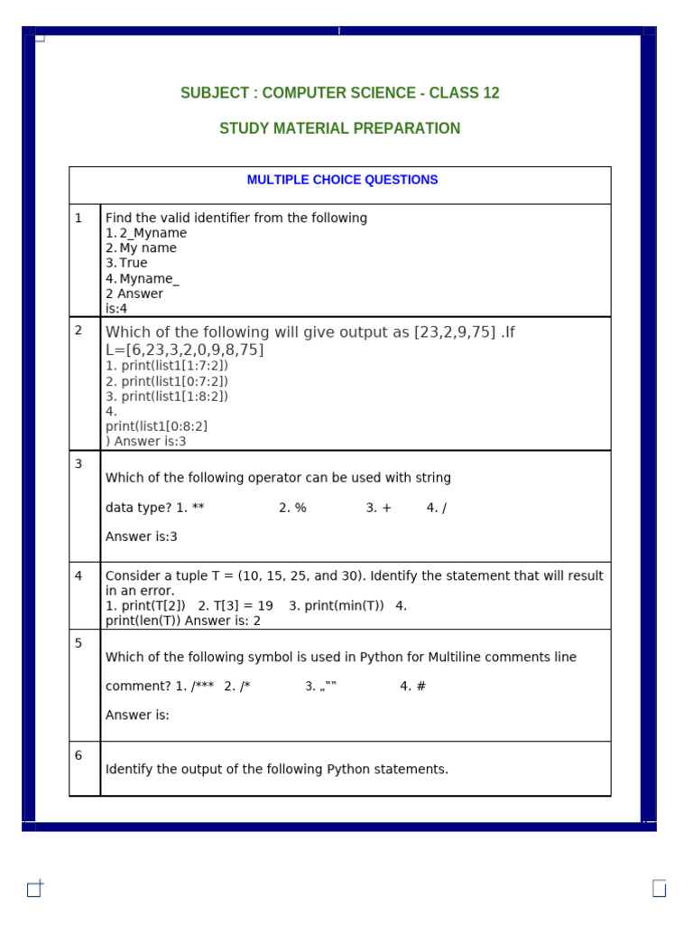 Class Xii Computer Science Mcqs (Case Study Based Questions, Ar ...
