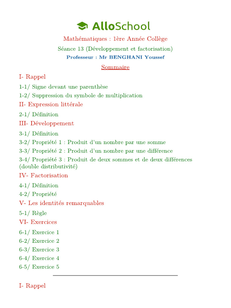 Seance 13 Developpement Et Factorisation | PDF
