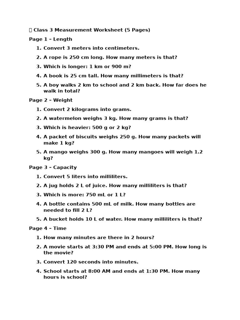 ? Class 3 Measurement Worksheet | PDF