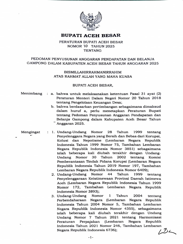 Perbub Nomor 10 Tahun 2025 TTG Pedoman Penyusunan APBG TA 2025 | PDF