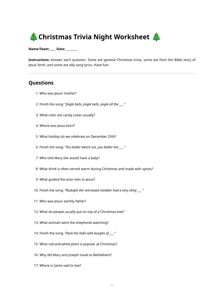 Christmas Trivia Night Worksheet | PDF | Christmas | Santa Claus
