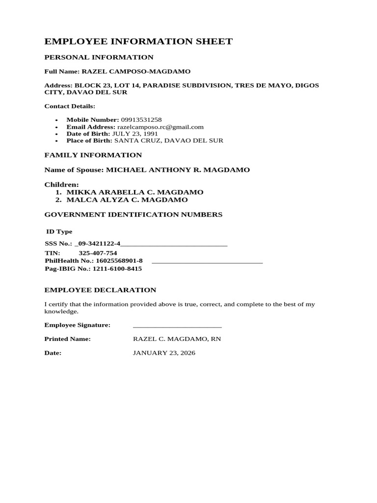Employee Information Sheet | PDF