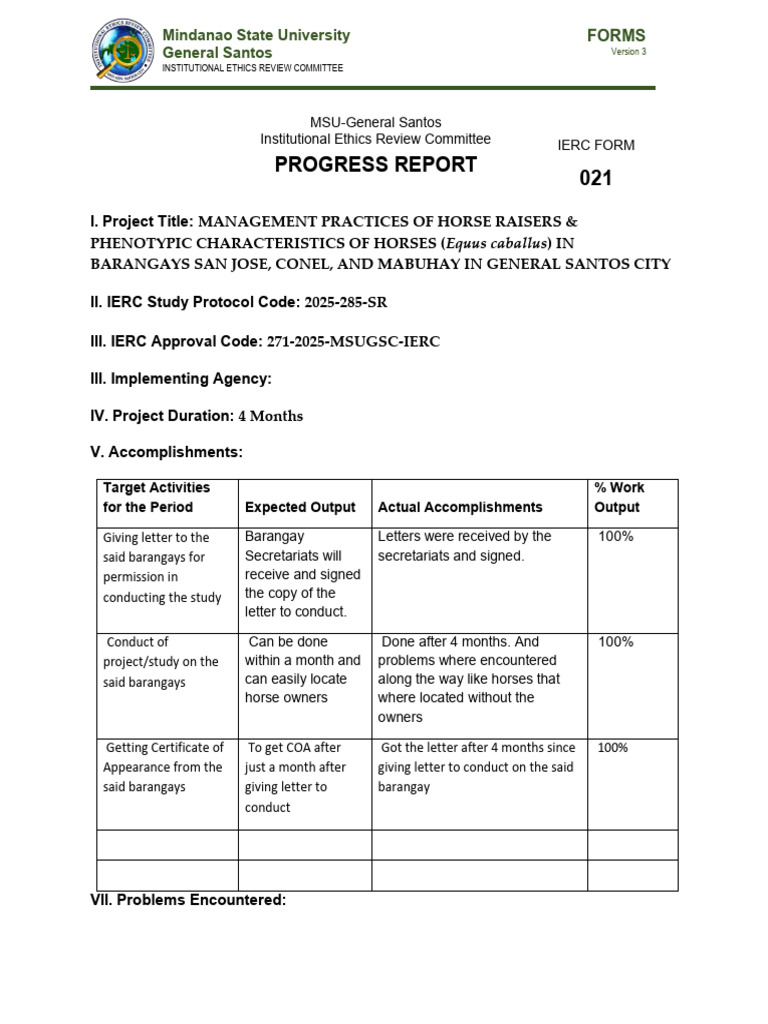 Form 021 - Progress Report | PDF | Horses | Equus (Genus)