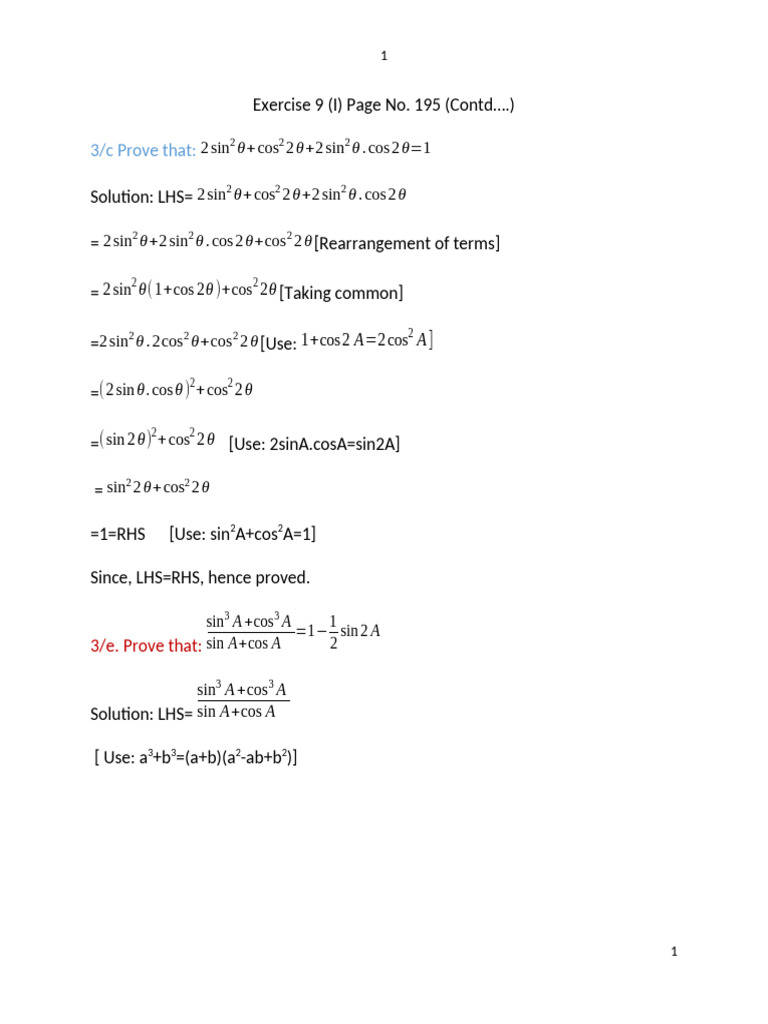 Exercise 9 (I) Trig | PDF