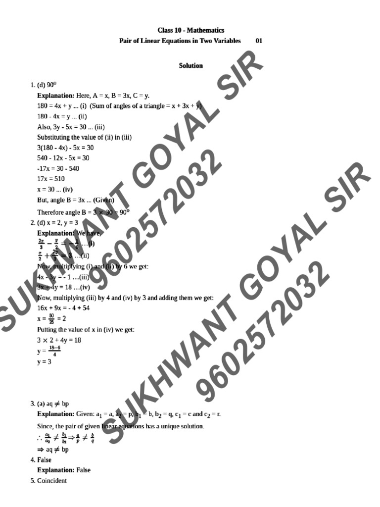 Solutions- PAIR of Linear Equations in Two Variables | PDF