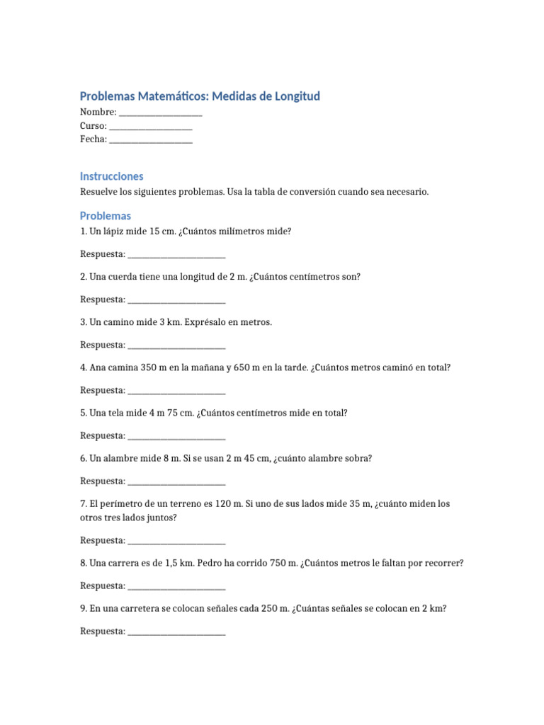 Problemas Medidas de Longitud Con Resultados-1 | PDF
