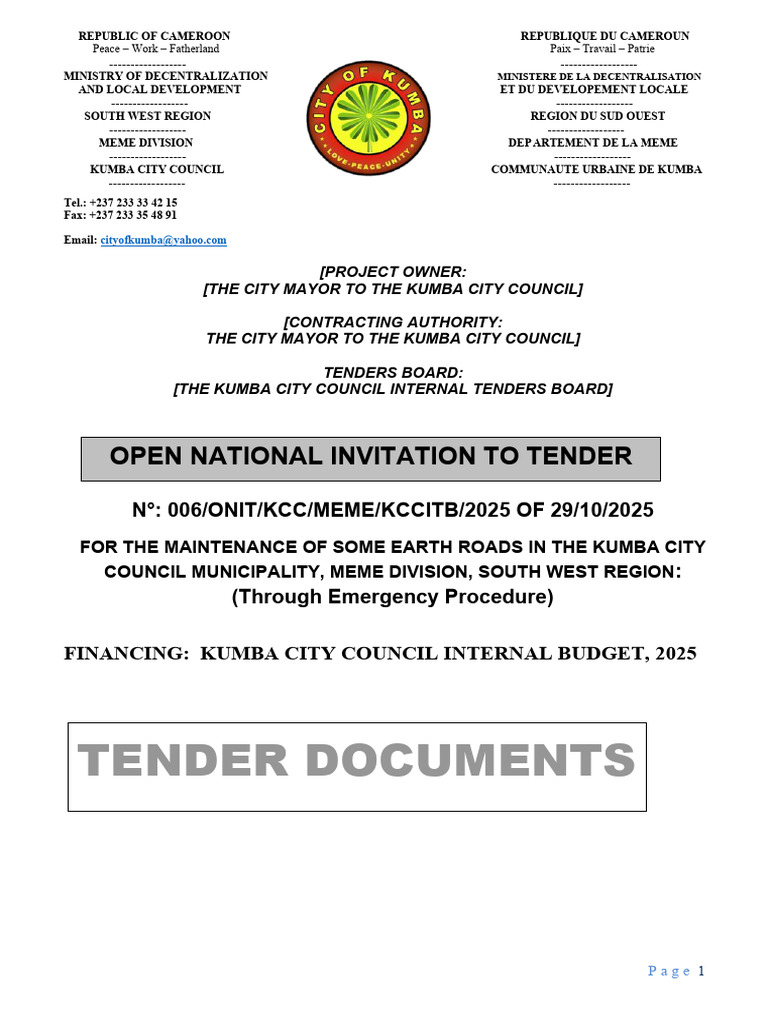Tender File For Earth Roads in Kumba | PDF | Prices | Addendum