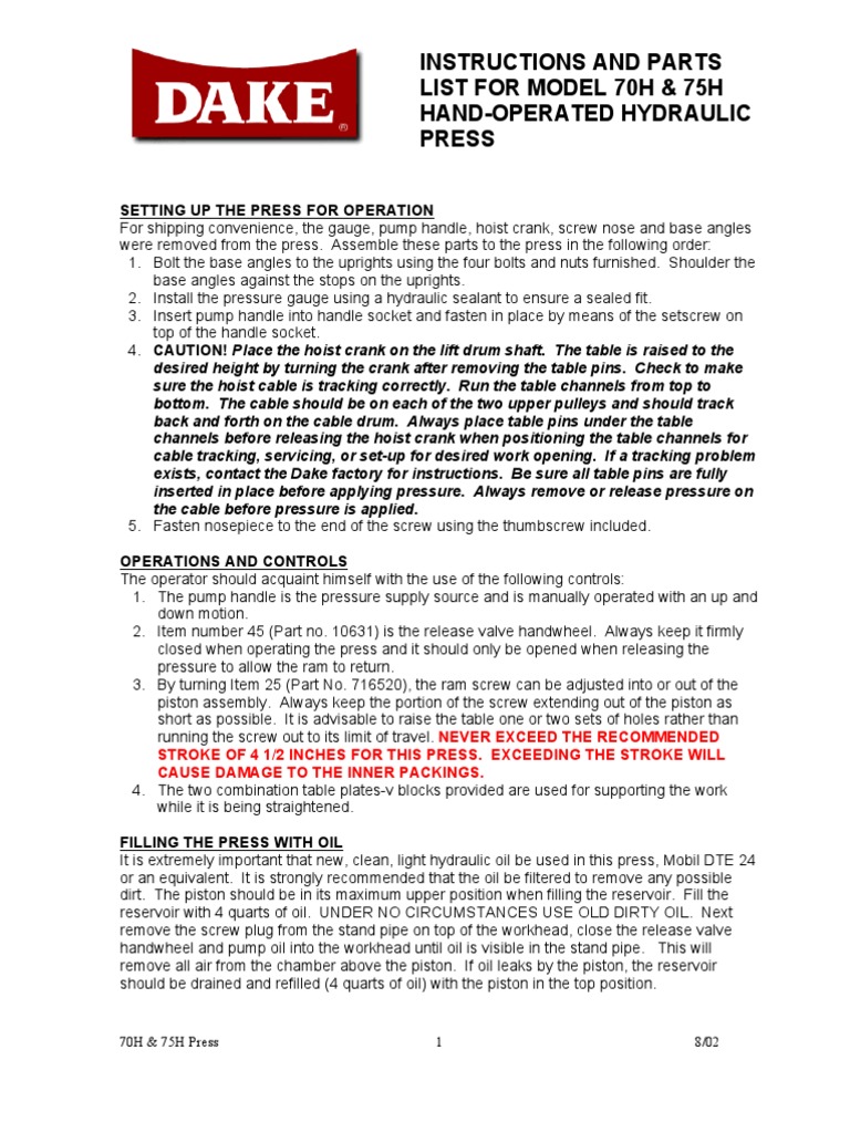 DAKE Press Model 75 H - 907003 | PDF | Pump | Valve