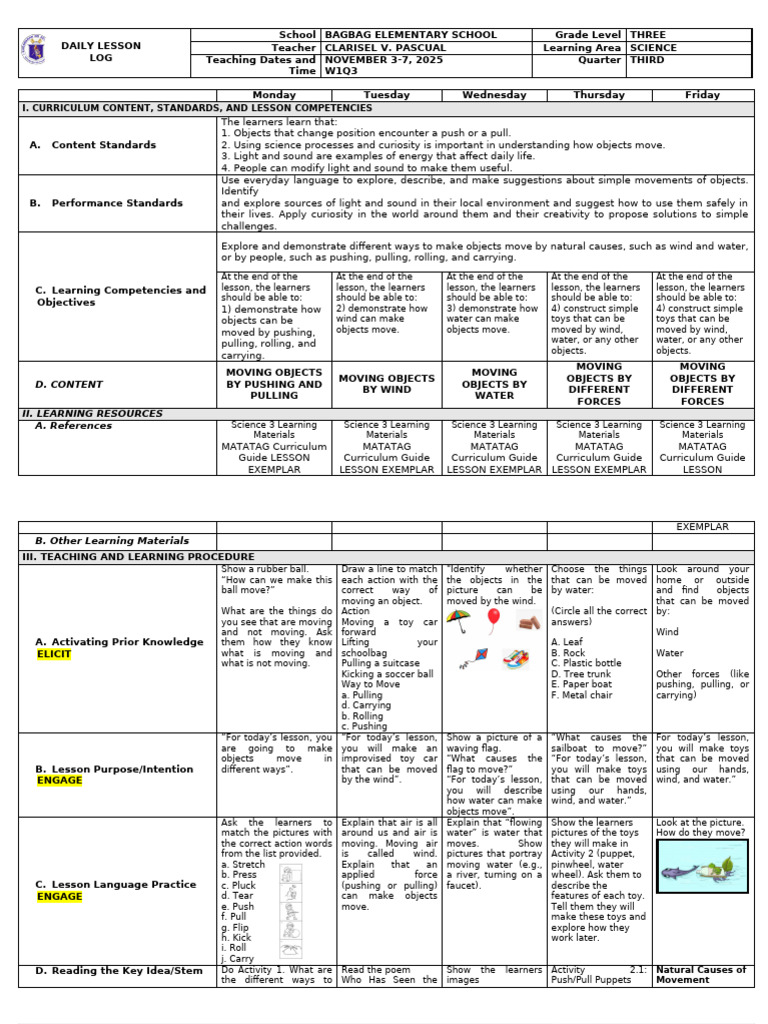 Science 3 - DLL q3 Week 1 | PDF | Learning | Curriculum