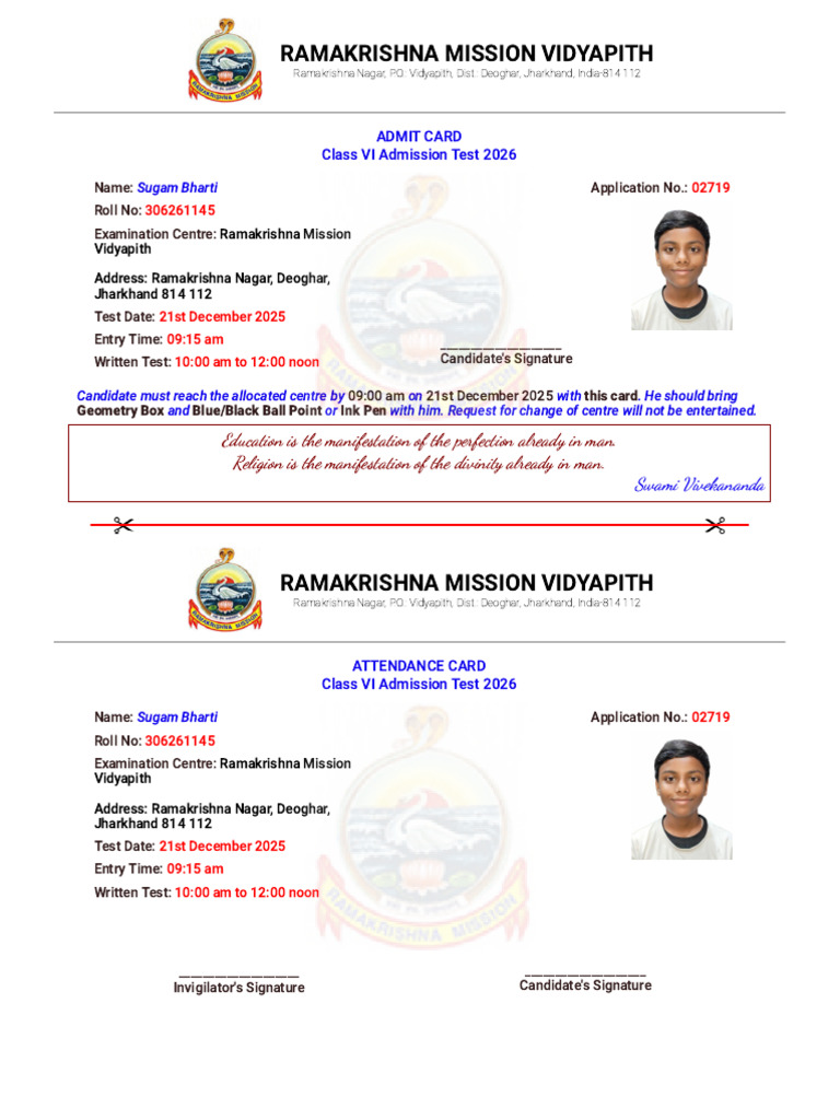 Sugam RKM Class VI Admit Card | PDF