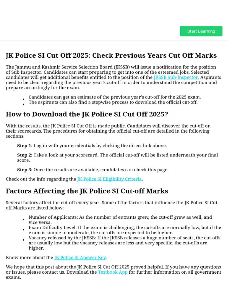 JK Police SI Cut Off 2025 - Check Previous Years Cut Off Marks | PDF