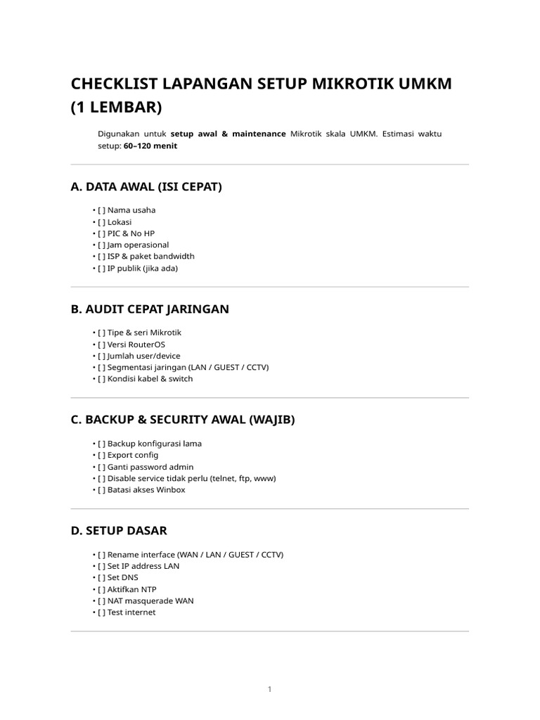Contoh Sop Lapangan Setup Mikrotik Umkm | PDF