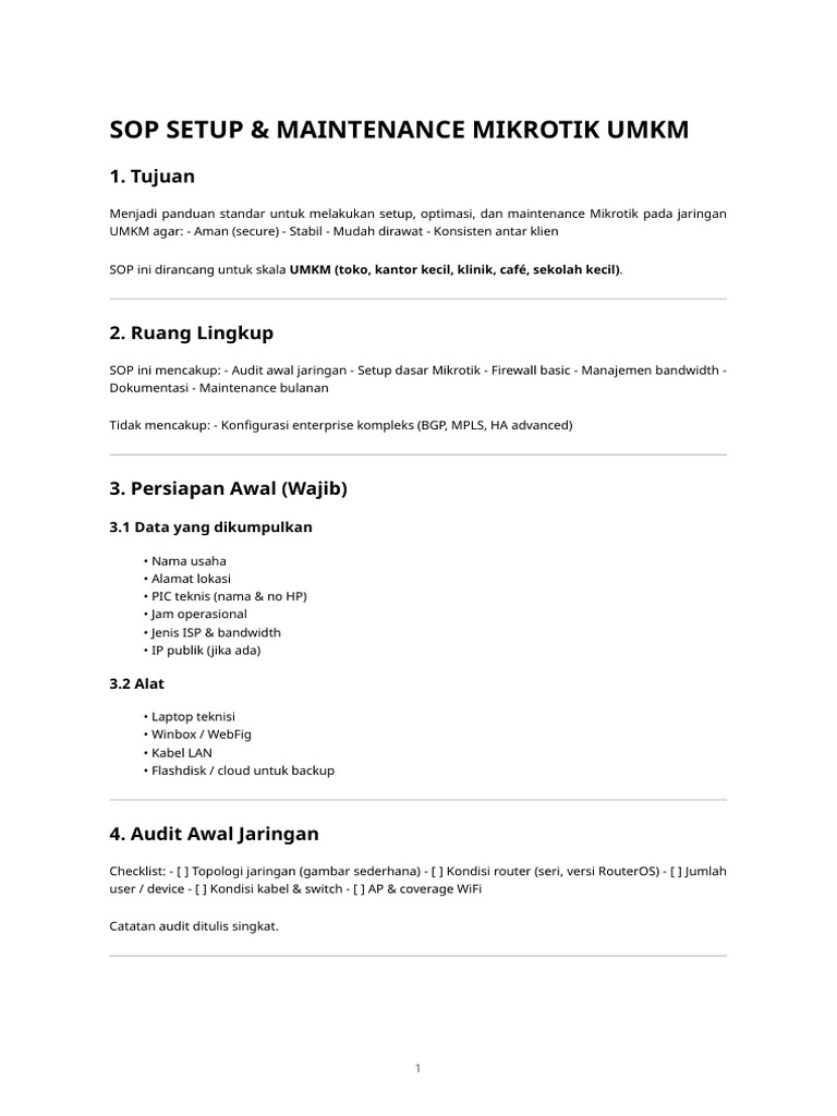 Contoh Sop Setup Mikrotik Umkm | PDF