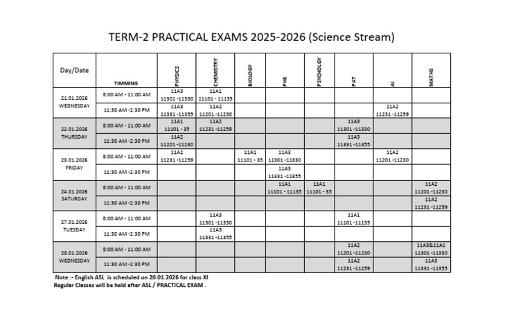 Class 11 Practical Time Table (Science) | PDF