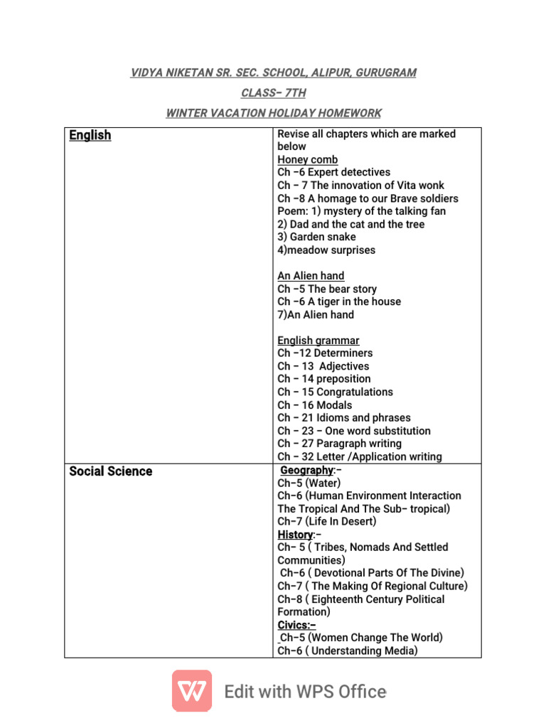 Winter holiday homework(7th) | PDF